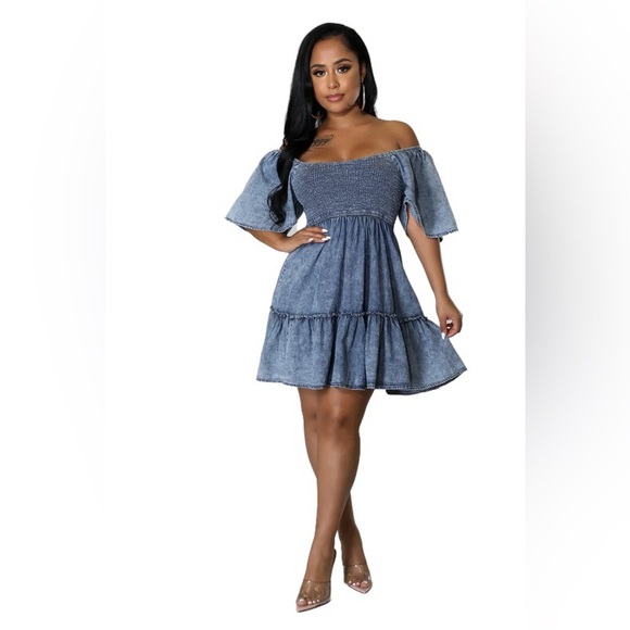 Dresses | Offshoulder Blue Denim Dress | Poshmark